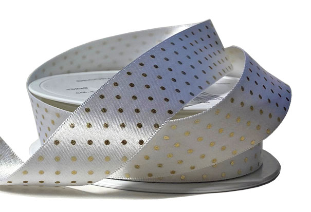 Shimmer Spot Eco Satin Ribbon - 25mm x 1m - WHITE / GOLD - jaffaimports ...